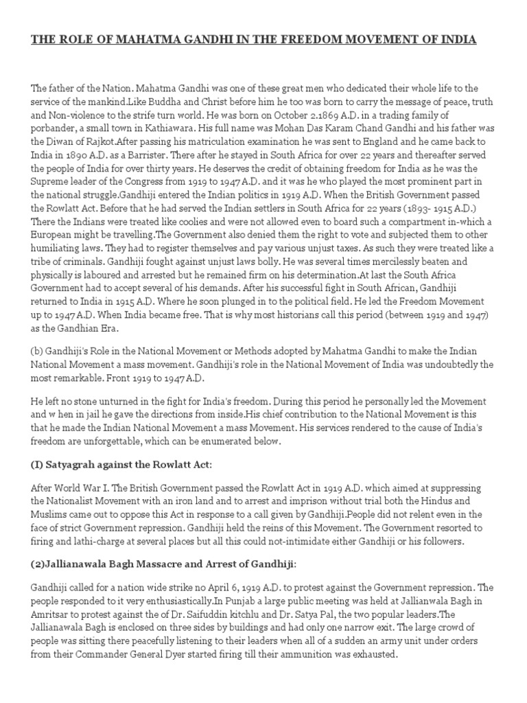 The Role of Mahatma Gandhi in The Freedom Movement of India | PDF | Mahatma Gandhi | Indian ...