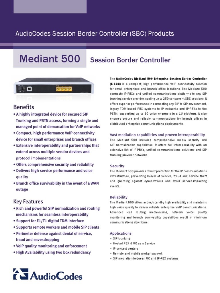 Mediant 500: Audiocodes Session Border Controller (Sbc) Products