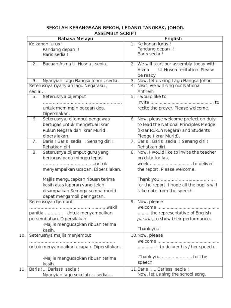 Sekolah Kebangsaan Bekoh, Ledang Tangkak, Johor. Assembly Script Bahasa ...