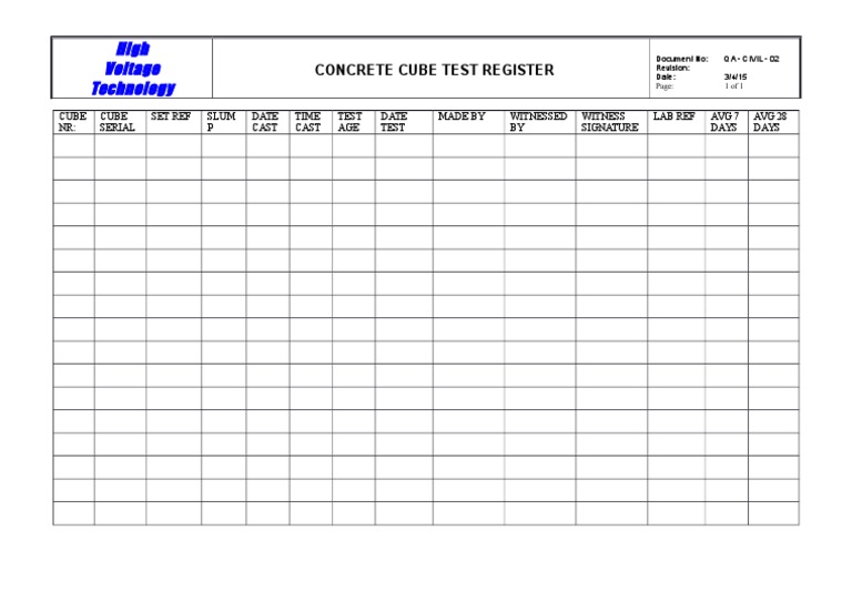 High Voltage Technology: Concrete Cube Test Register | PDF