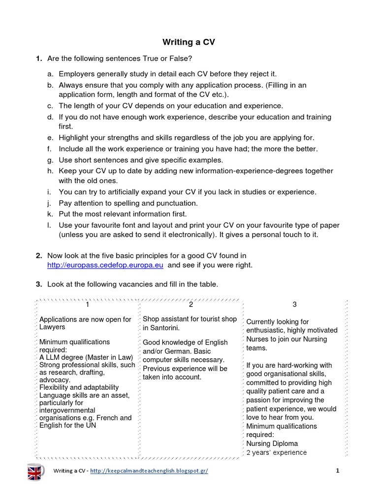 Writing A CV | PDF | English As A Second Or Foreign Language | Teaching ...