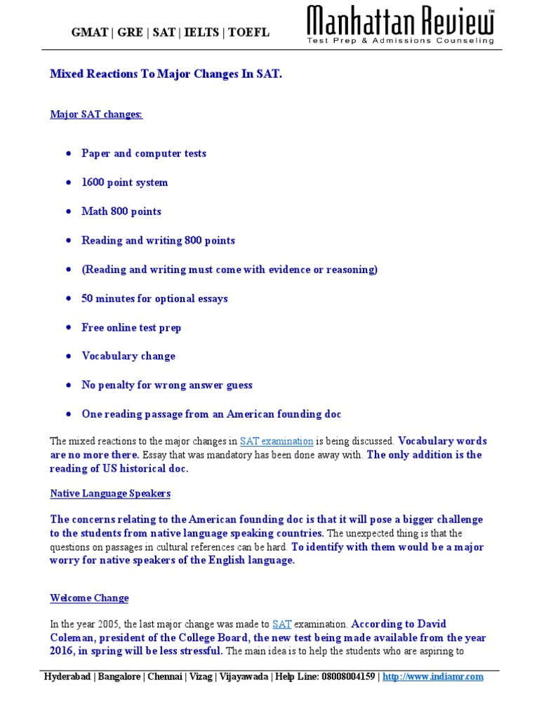 Mixed Reactions to SAT Changes | PDF | Sat | Standardized Tests