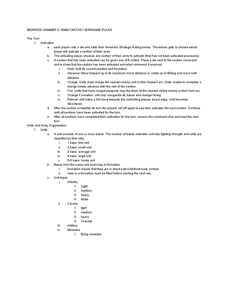 Bearded Hammer's 10mm Fantasy Wargame Rules 1.1 | PDF | Cavalry | Infantry