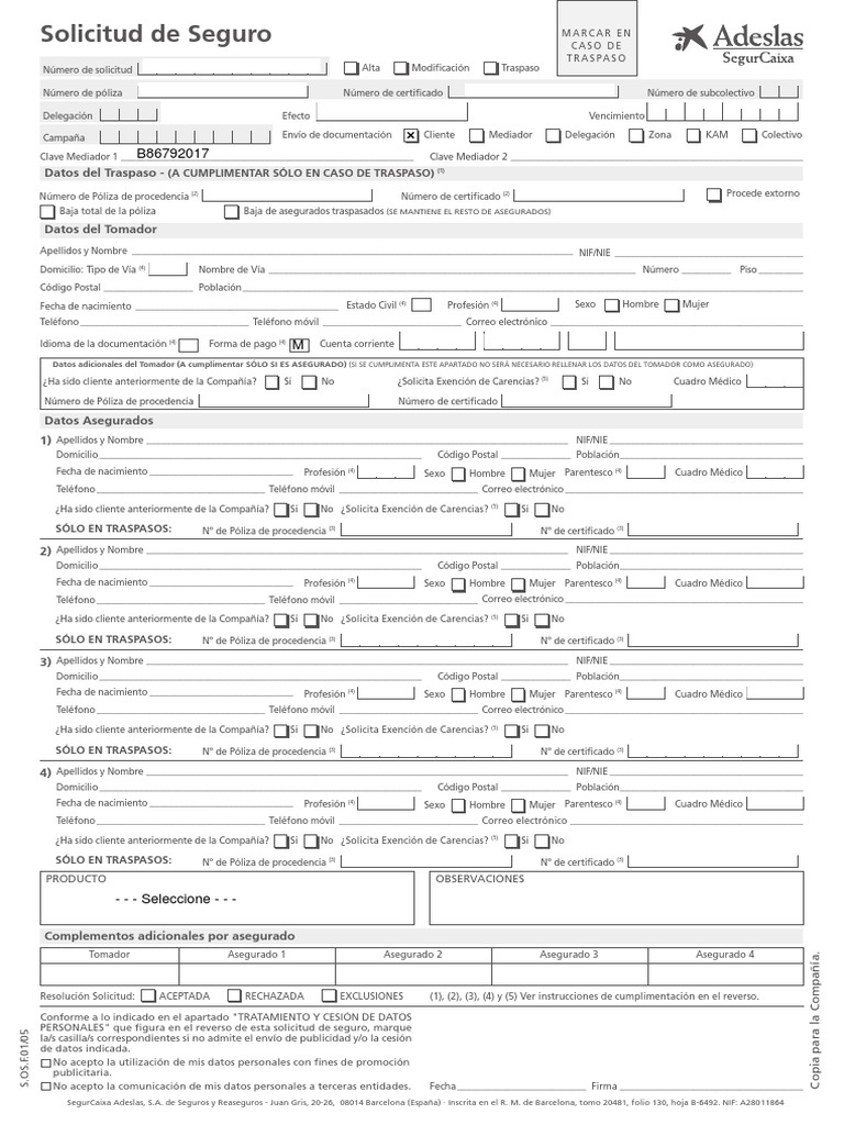 Formulario Solicitud de Seguro | Fondo de pensiones | Póliza de seguros