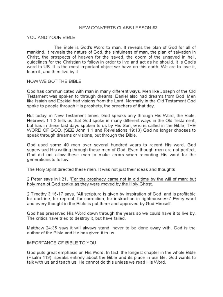 NEW CONVERTS CLASS LESSON 3 (Bible).doc | Bible | Jesus | Free 30-day ...