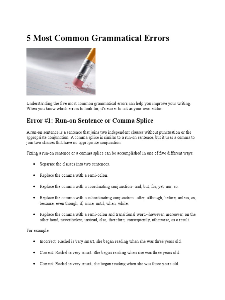 5 Most Common Grammatical Errors: Error #1: Run-On Sentence or Comma Splice | PDF | Pronoun ...