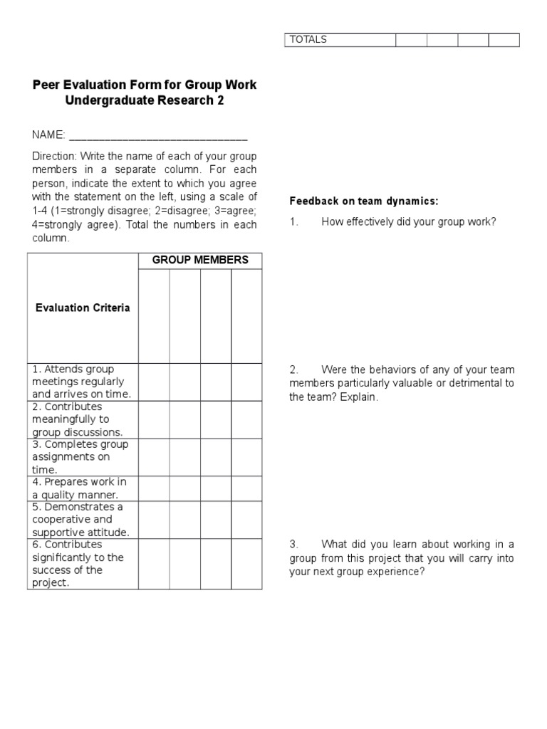 Peer Evaluation Form For Group Work | PDF