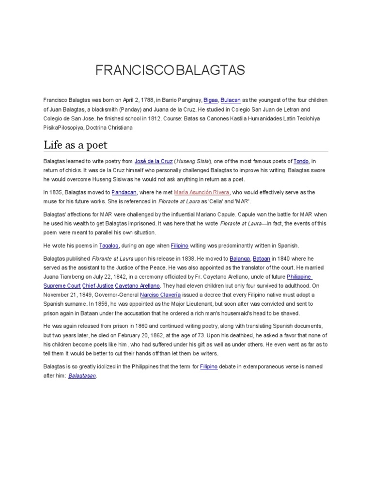 Francisco Balagtas: Life As A Poet | PDF | Poetry