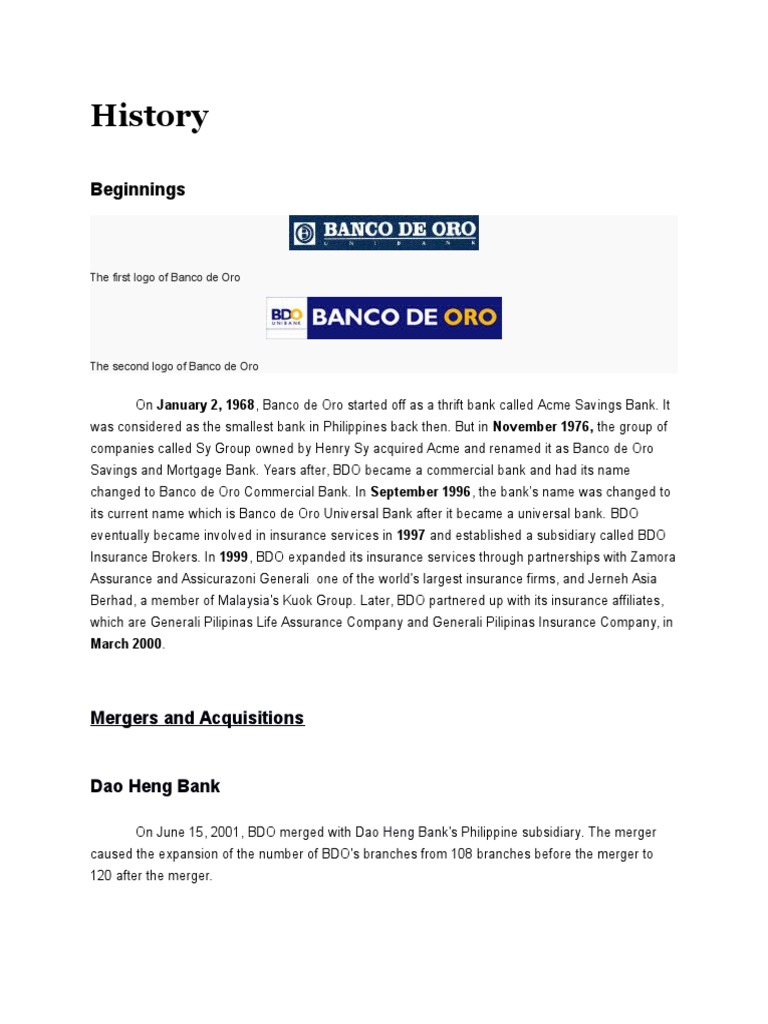 History | PDF | Bdo Unibank | Institutional Investors
