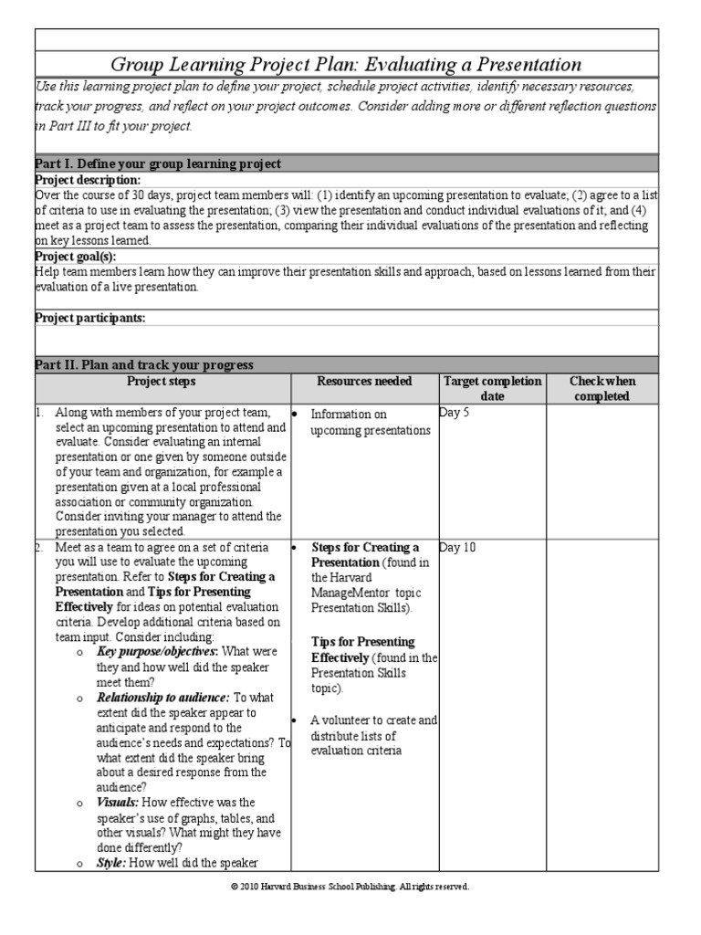 Group Learning Project Plan: Evaluating A Presentation: Harvard ...
