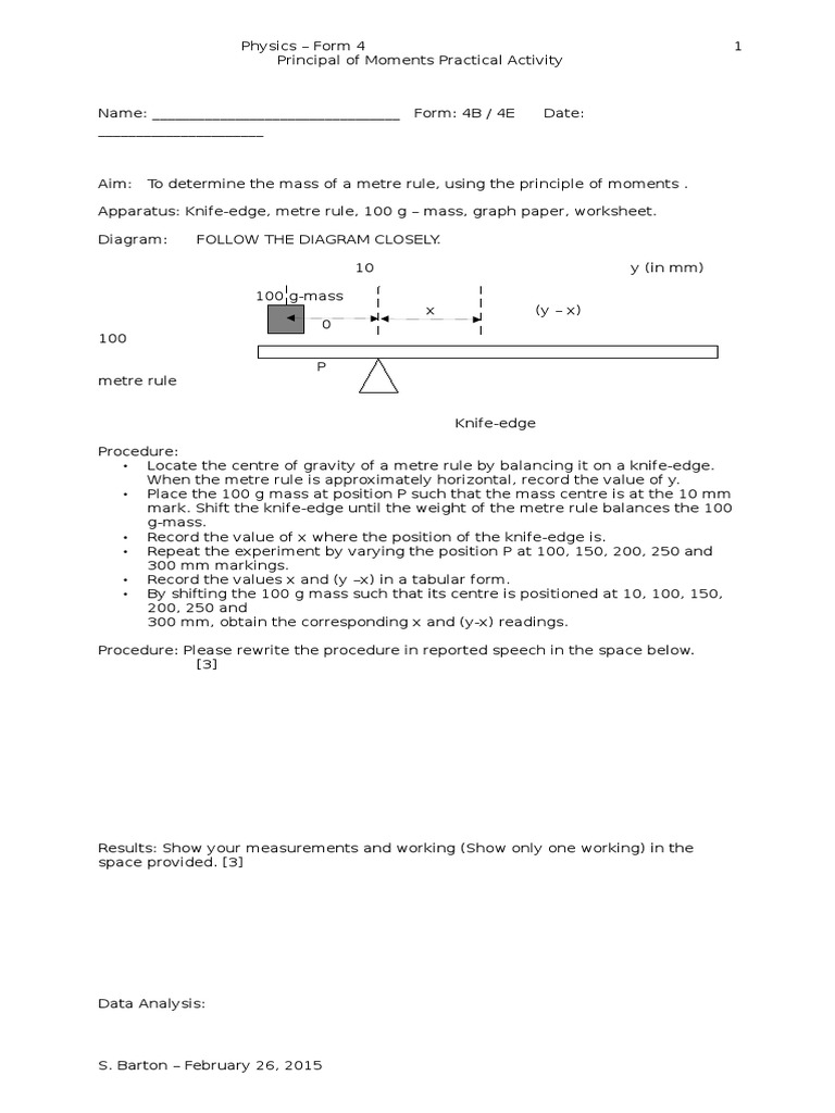 Principle of Moments Practical Activity | PDF | Metre | Mass