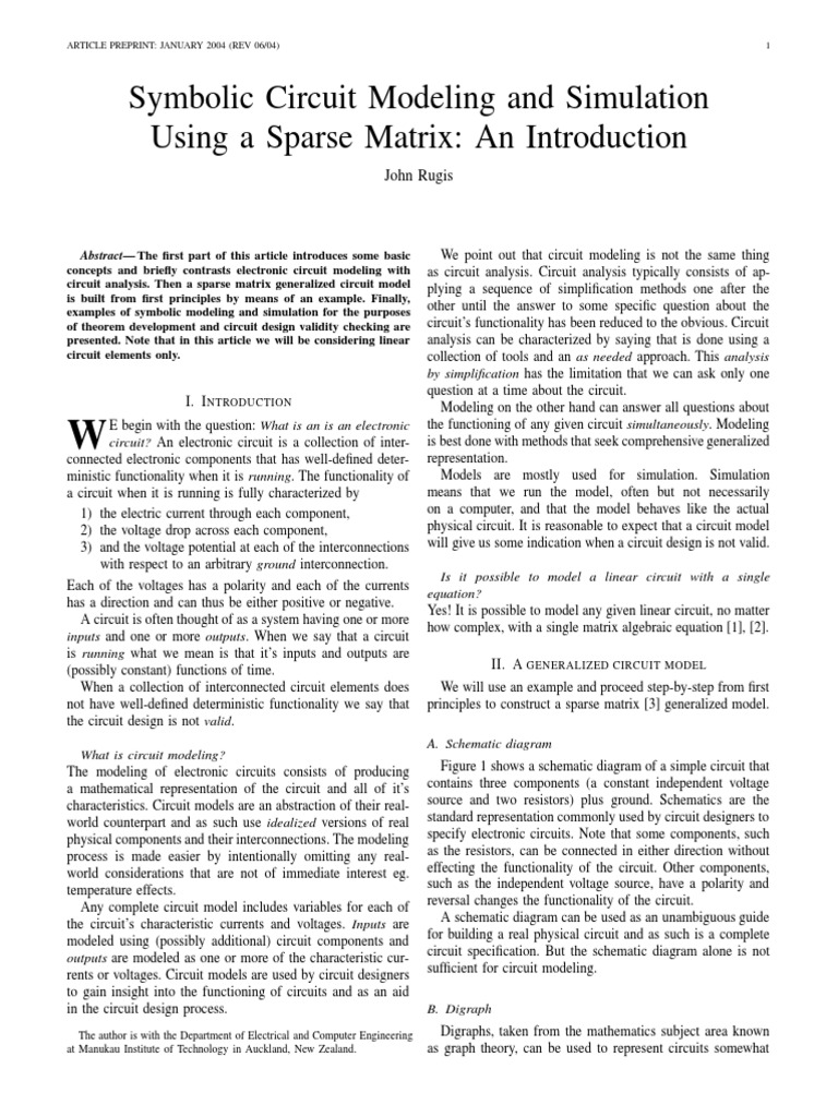 Symbolic Circuit Modeling and Simulation Using A Sparse Matrix: An Introduction | PDF ...