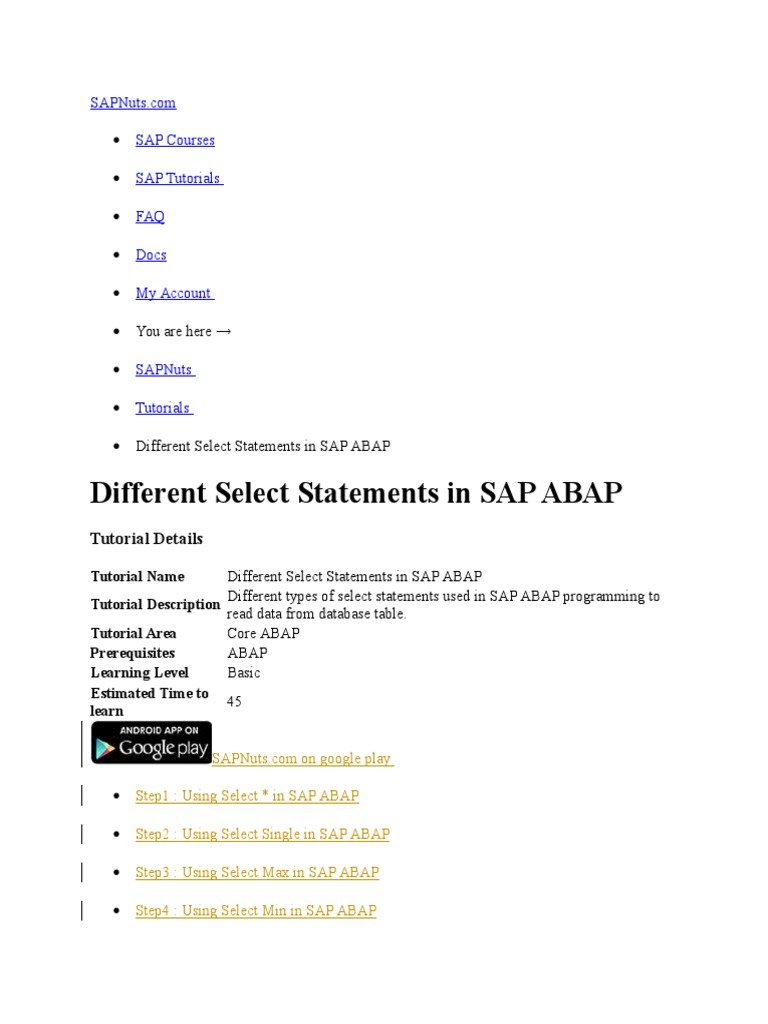 Select Statements in Sap Abap | PDF | Table (Database) | Information ... Select Statements in Sap Abap | PDF | Table (Database) | Information ...