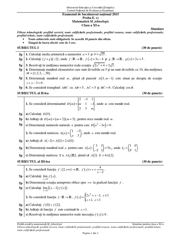 Simulare Matematica Tehnologic 2015 Clasa A XI-a | PDF