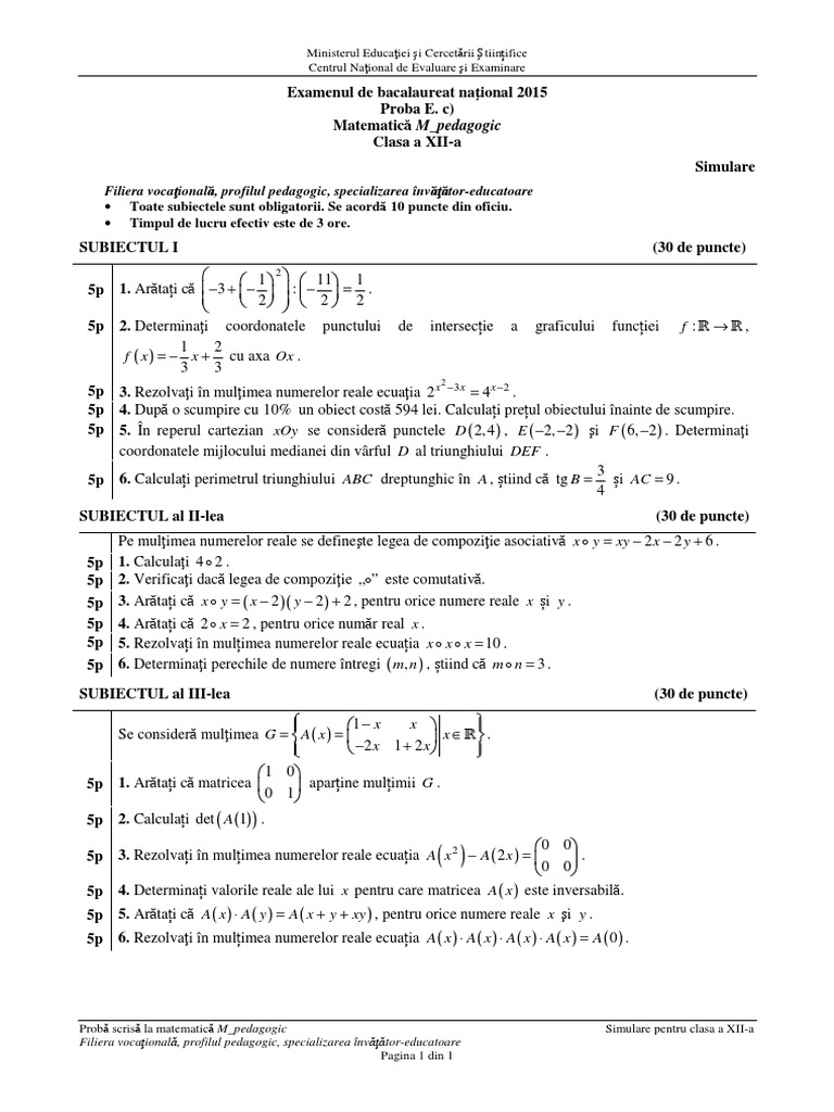 Simulare Matematica Pedagogic 2015 Clasa A XII-a Barem de Corectare | PDF