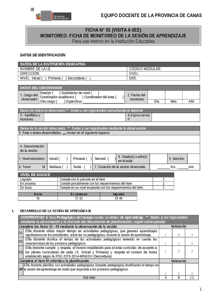 Ficha de Monitoreo Del Minedu en El Aula - Equipo Docente de La Provincia de Canas | Maestros ...