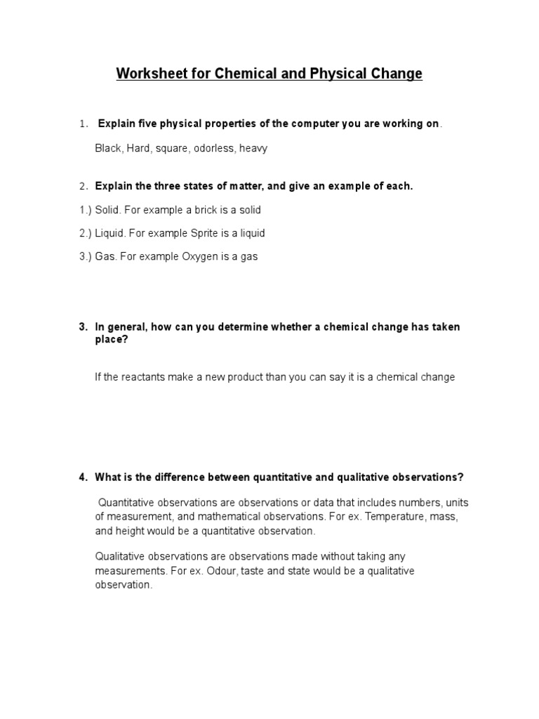 Chemical and Physical Change Worksheet | PDF | Science & Mathematics ...