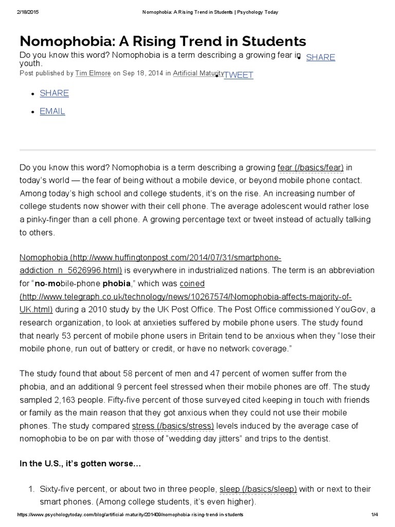 Nomophobia A Rising Trend in Students | PDF | Psychological Concepts | Behavioural Sciences