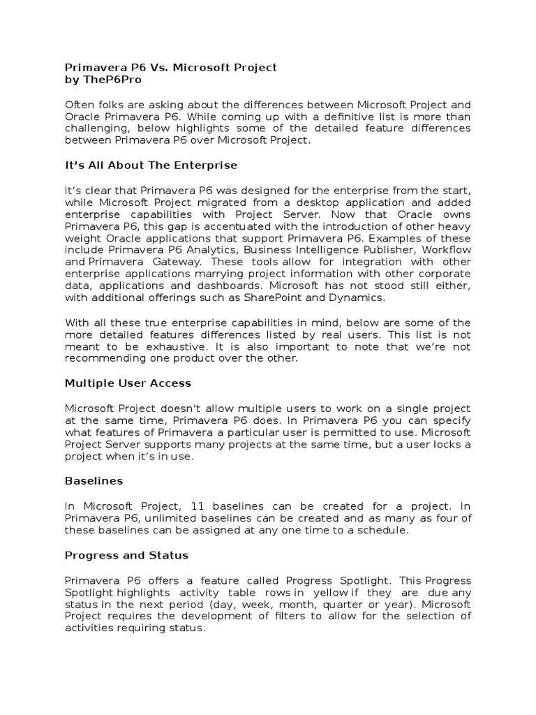 Primavera P6 Vs MSP | PDF | Share Point | Application Software