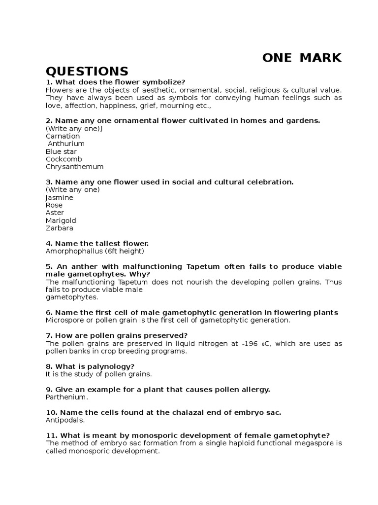 One Mark Questions | PDF | Seed | Pollination