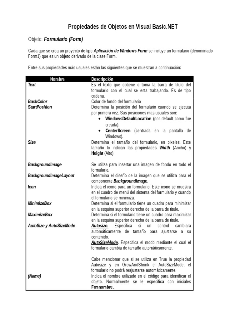 Propiedades de Objetos en Visual Basic | PDF | Informática | Software