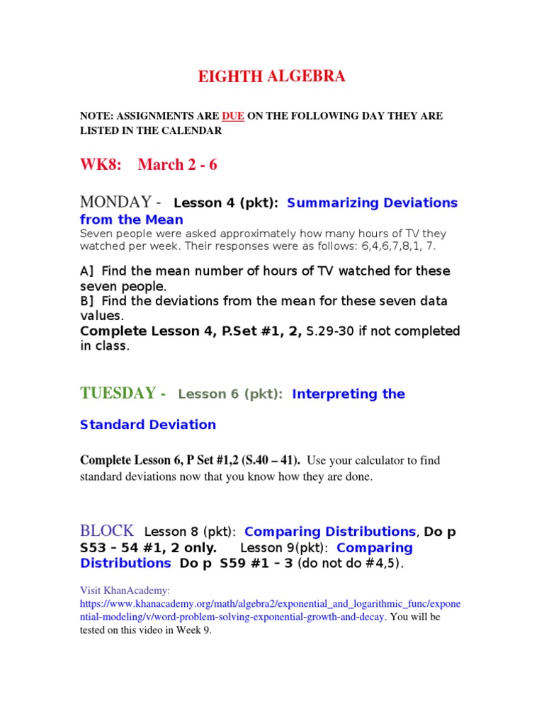 Eighth Grade Algebra Assignments Guide | PDF | Teaching Methods & Materials