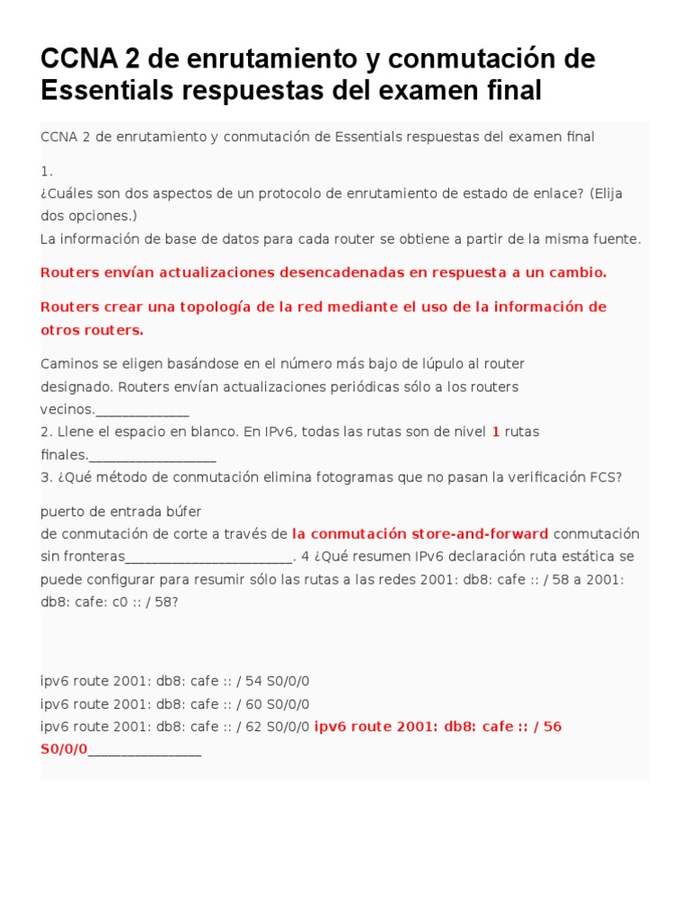 CCNA 2 de Enrutamiento y Conmutación de Essentials Respuestas Del Examen Final | PDF | Enrutador ...