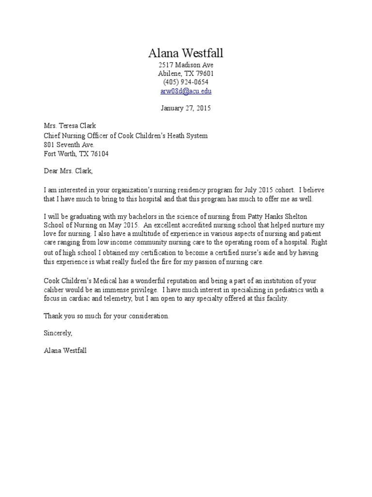 Nursing Residency Application Letter | PDF | Wellness