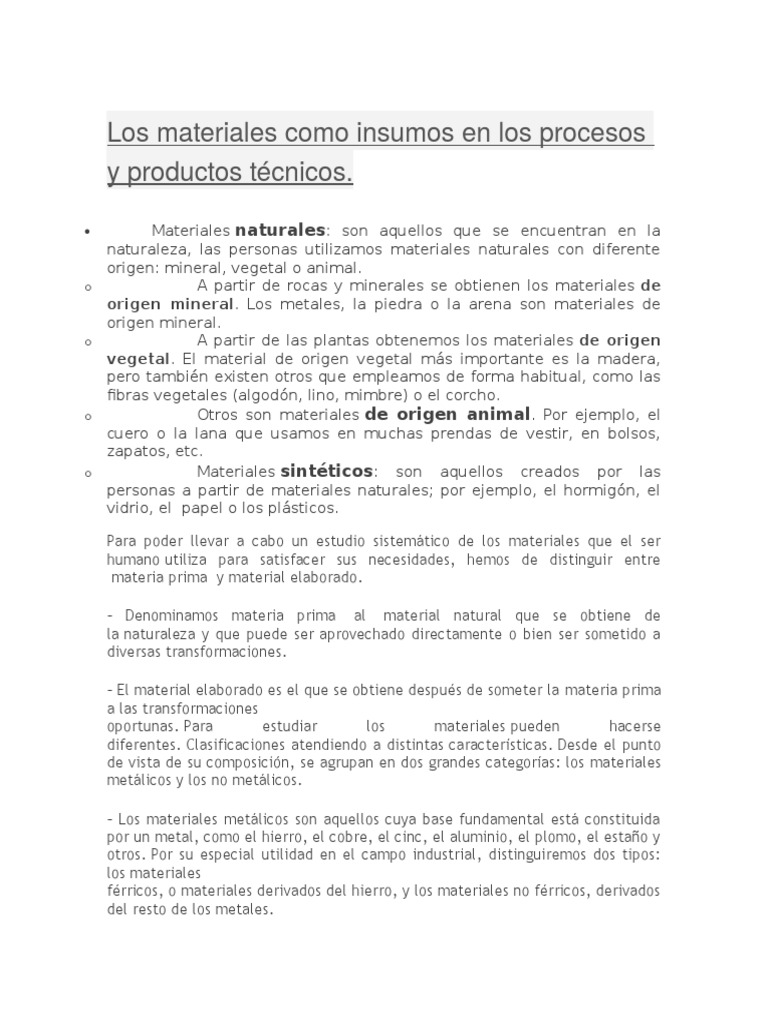Los Materiales Como Insumos en Los Procesos y Productos Técnicos | PDF ...