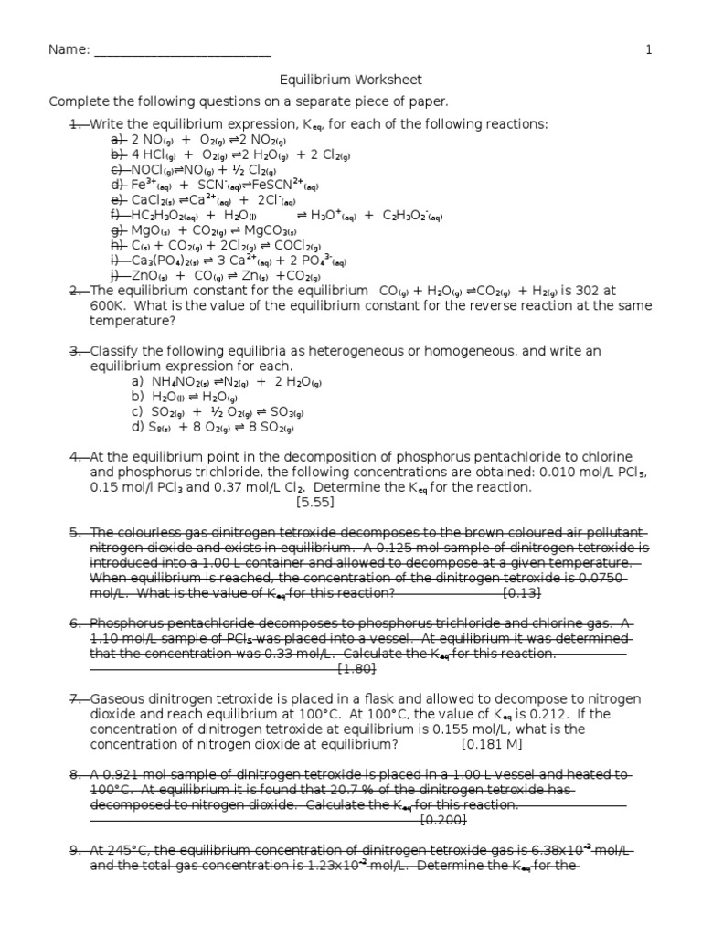 Chemical Equilibrium Worksheet 2