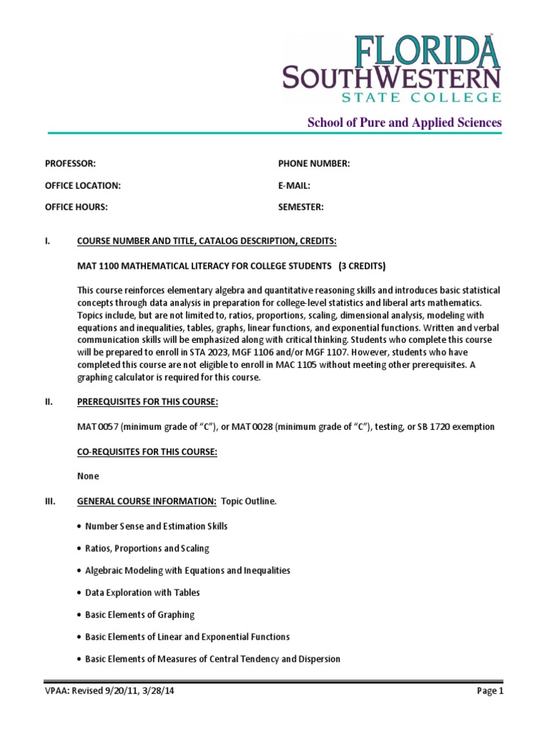 MAT 1100 Mathematical Literacy For College Students | PDF | Statistics ...
