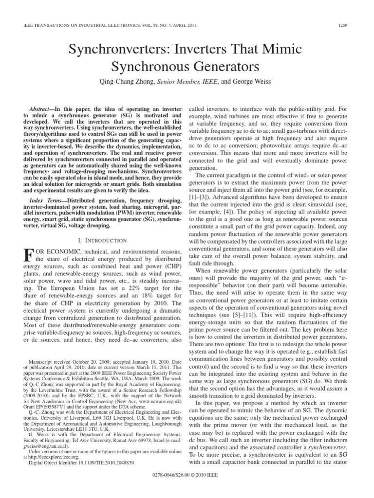 Synchronverters: Inverters That Mimic Synchronous Generators | PDF | Power Inverter | Electrical ...
