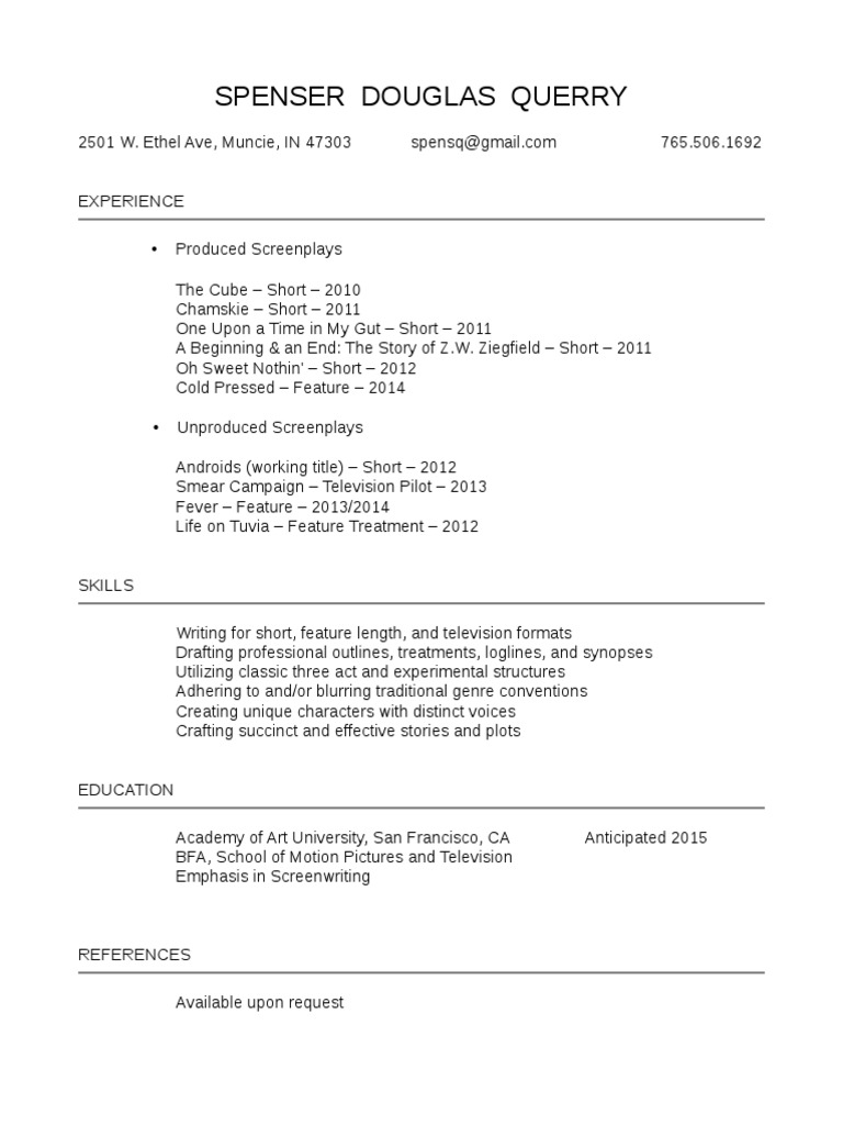 Screenwriter Spenser Douglas Querry Resume | PDF