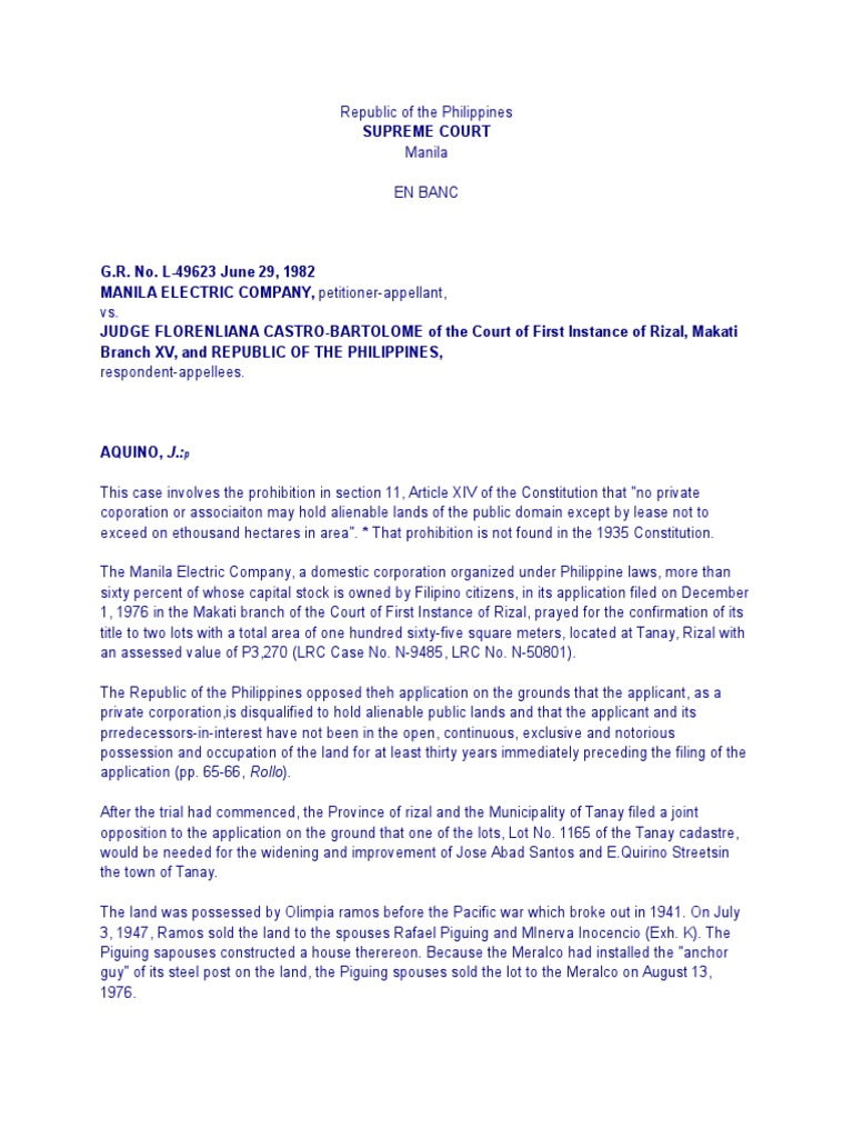 MERALCO Vs Castro Bartolome Case Digest G.R. No. L-49623 | PDF | Ownership | Adverse Possession