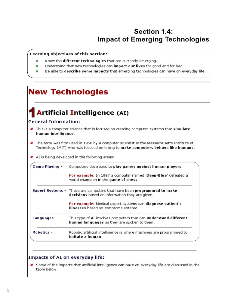 IGCSE ICT - Emerging Technologies (For The New Syllabus) | PDF | Artificial Intelligence ...