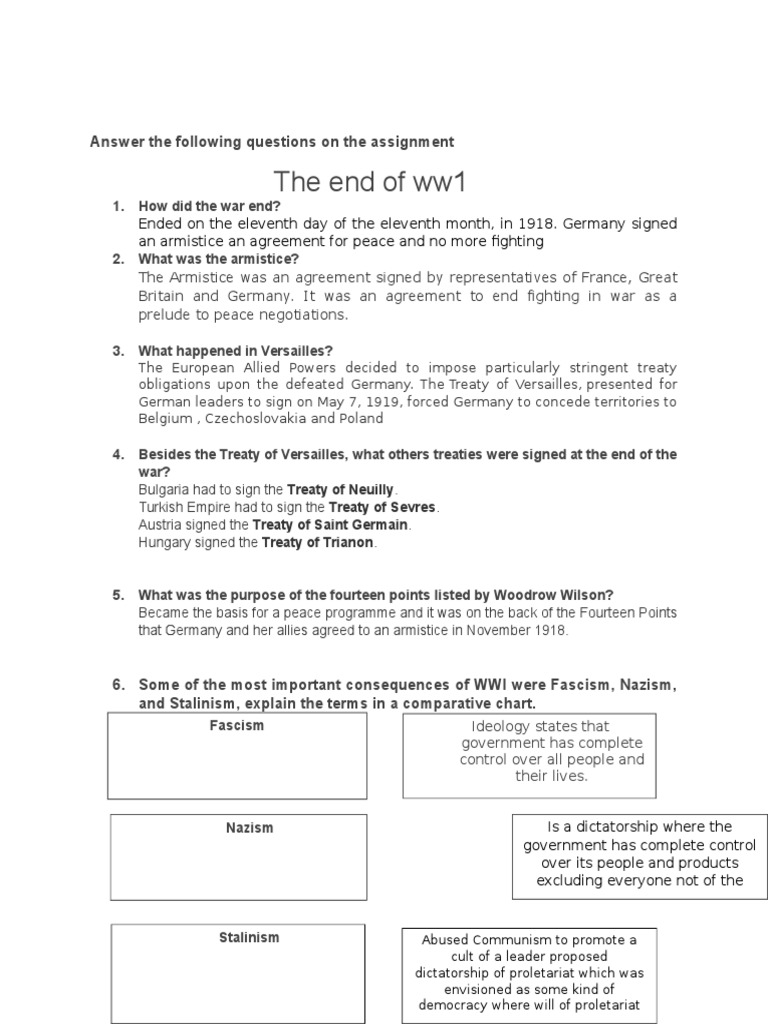The End of ww1: Answer The Following Questions On The Assignment | PDF