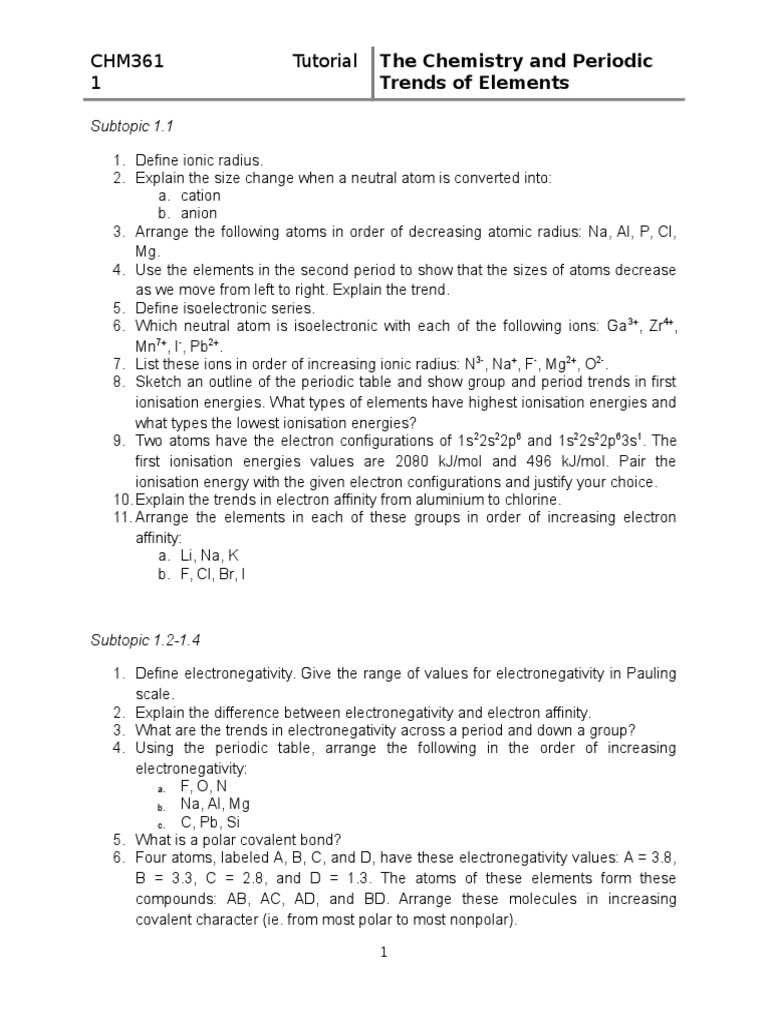 Chm361 Tutorial 1: Subtopic 1.1 | PDF