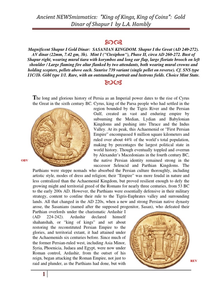 The King of Kings, The King of Coins: Gold Dinar of Shapur I | PDF | Unrest