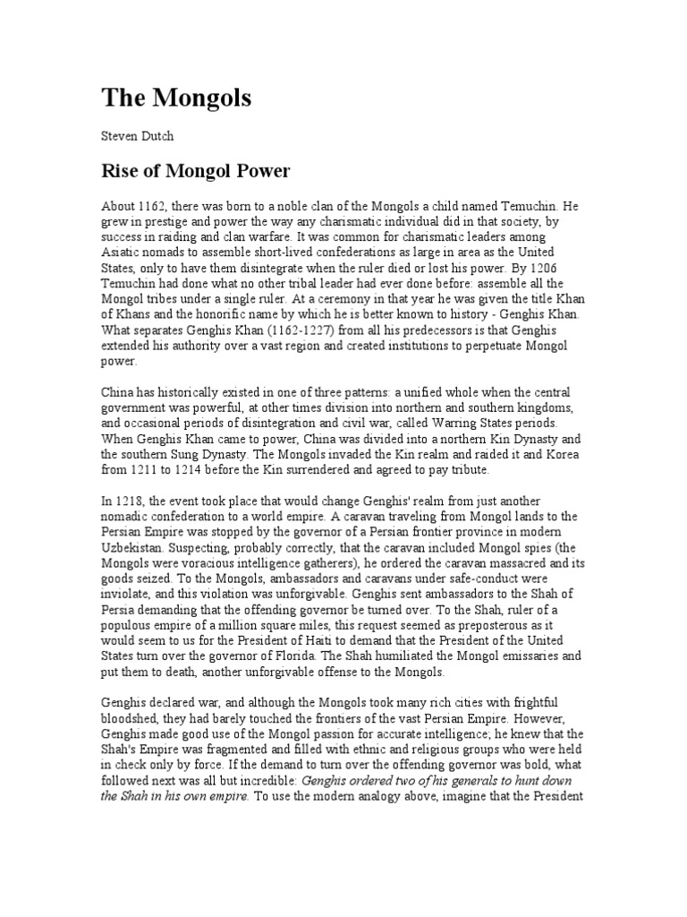 Steven Dutch - The Rise of Mongol Power | PDF | Genghis Khan | Mongol ...
