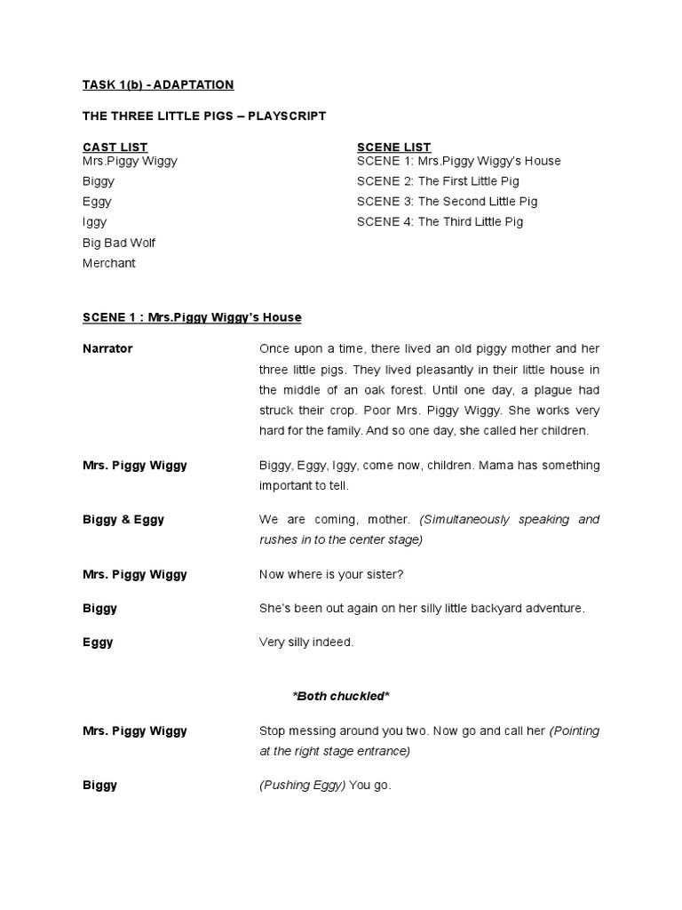 Task 1 (B) - Adaptation The Three Little Pigs - Playscript Cast List Scene List | PDF | Learning ...
