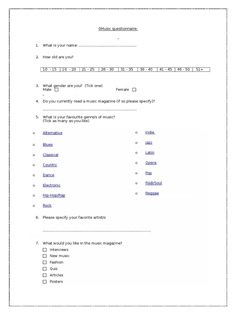 Music Questionnaire | PDF
