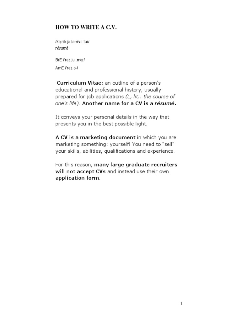 How To Write A C.V.: Curriculum Vitae: An Outline of A Person's | PDF ...