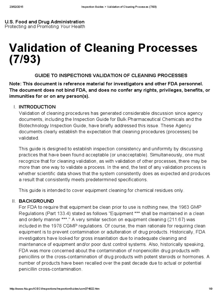 Validation of Cleaning Processes - FDA | PDF | Verification And ...