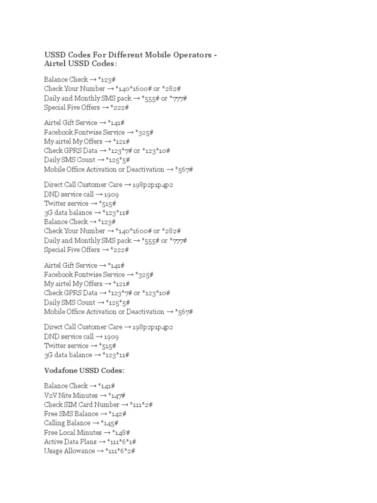 USSD Codes for Mobile Operators | PDF | General Packet Radio Service | 3 G