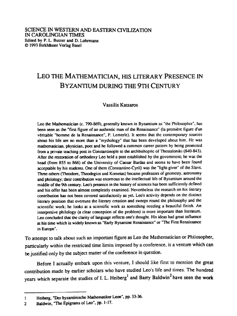 Leo The Mathematician, His Literary Presence in Byzantium During The ...