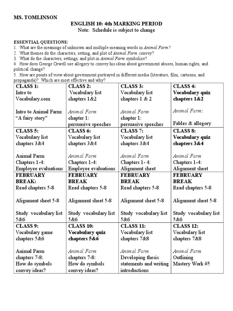 Animal Farm Study Guide and Schedule | PDF
