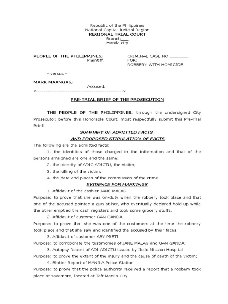 Sample of Pretrial Brief For The Prosecution | Prosecutor | Law Enforcement