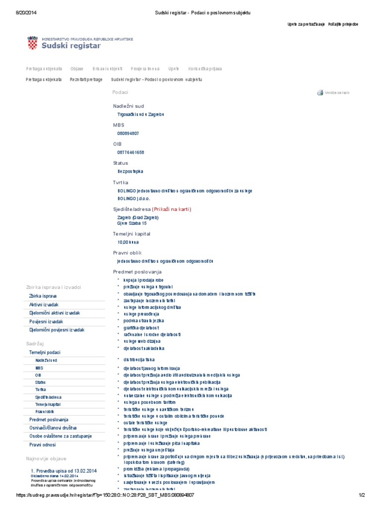 Sudski Registar - Podaci o Poslovnom Subjektu | PDF