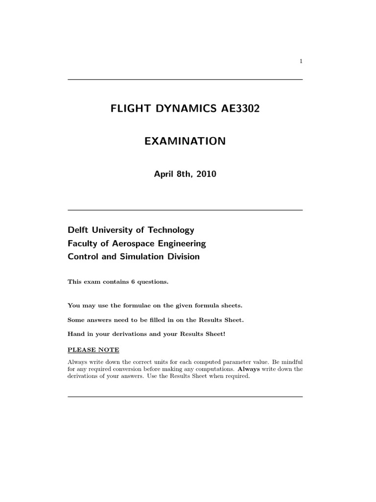 Flight Dynamics Exam AE3302 | PDF | Flight Dynamics (Fixed Wing ...