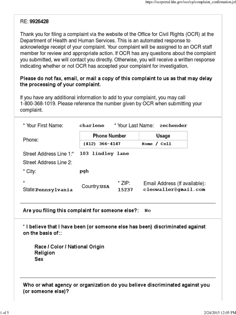 OCR Complaint Acknowledgment Notice | PDF | Freedom Of Information Act ...